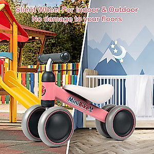 Baby Balance Bike Toys for 1 Year Old Boy Girl Gifts, 10-24 Month Toddler Balance Bike with 4 Silence Wheels, No Pedal Toddler First Bike, First Birthday Gifts Christmas for Boys and Girls (Pink)