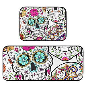 Emelivor Day Dead Sugar Skulls Kitchen Rugs and Mats Set 2 Piece Non Slip Washable Runner Rug Set of 2 for Kitchen Floor Home Decorative Laundry