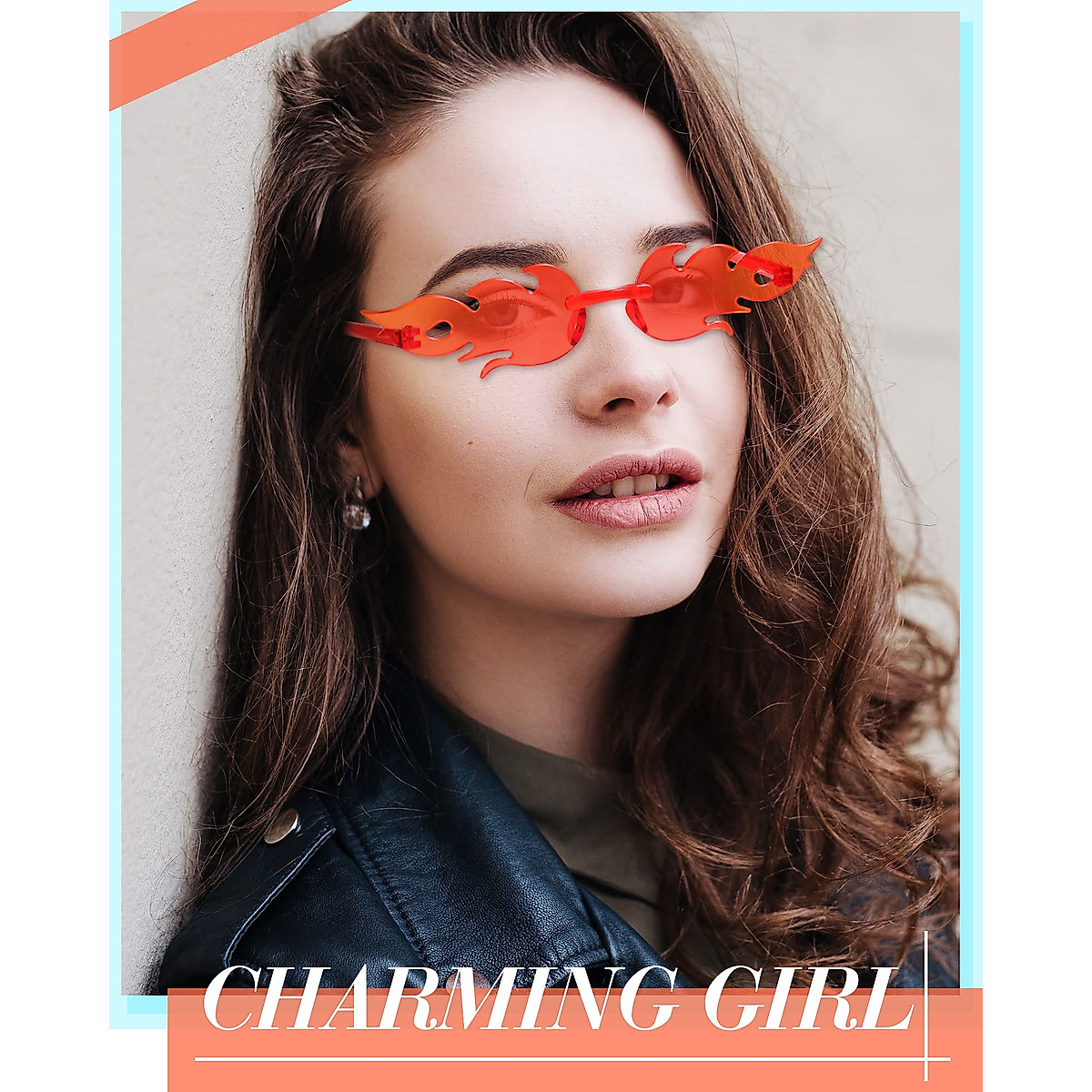 Hoteam 24 Pairs Fire Flame Sunglasses for Women Fire Flame Glasses Retro Wave Rimless Flame Shaped Glasses for Men Party Costume (Red)