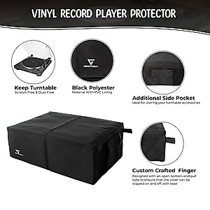 Turntable Dust Cover - 600D PVC Waterproof Protection Turntable Cover, Side Pocket and 2-Finger Pull Tab Record Player Cover - Compatible with Most Standard Record Player Dust Cover