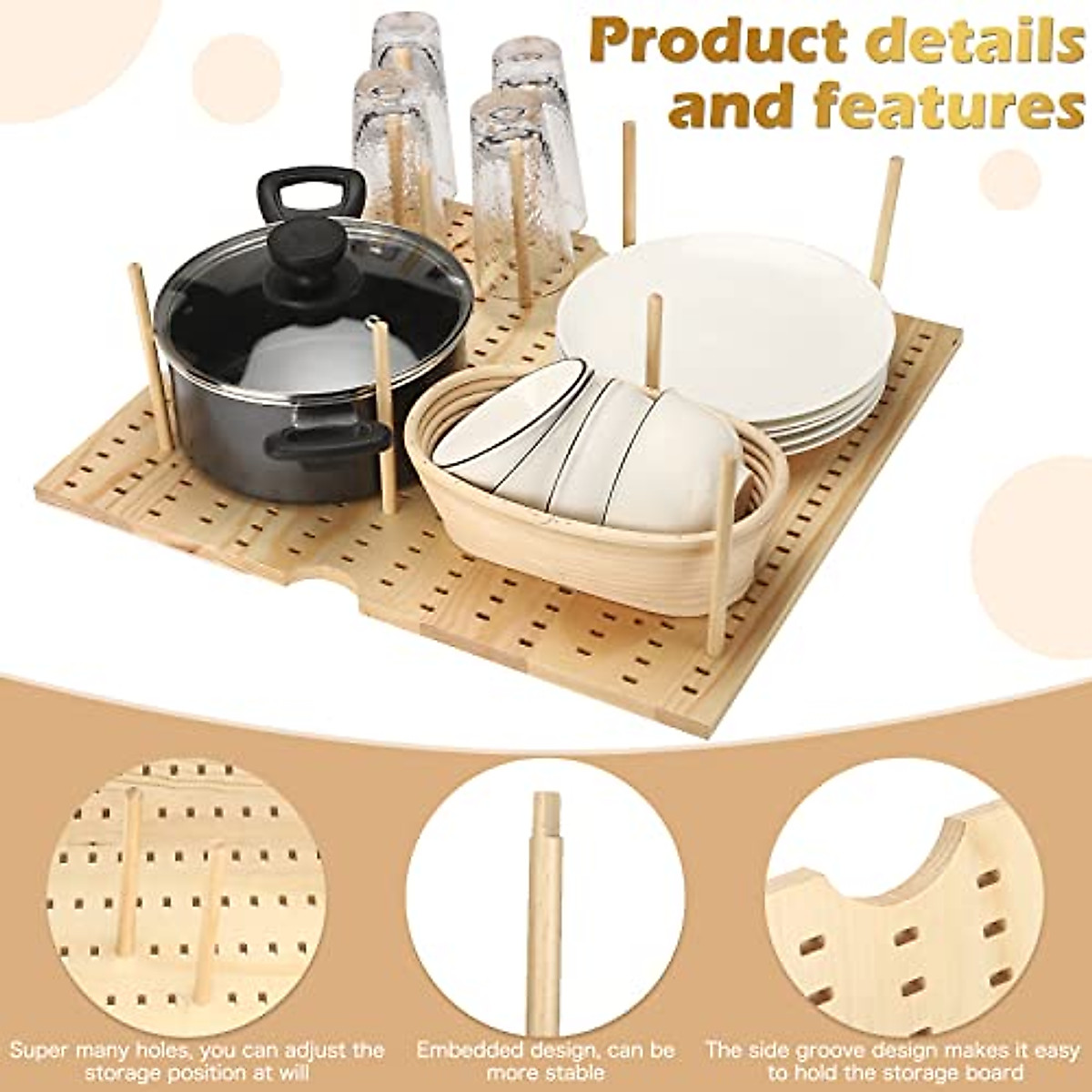Wood Pegboard Drawer Organizer Drawer Peg Wooden Peg Board System Dish and Plate Organizer Adjustable Pegboard Wall Shelf and Drawer Organizer for Food Containers Cookware Utensils (2 Set)