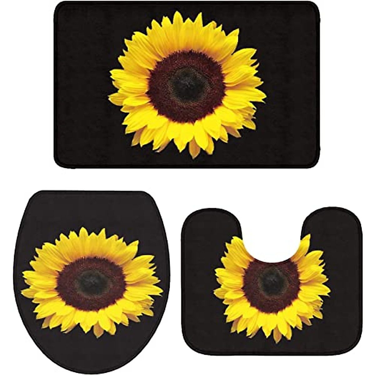 Apular Fashion 3 Piece Bath Rugs Set Farmhouse Yellow Sunflower Non Slip Ultra Soft Bathroom Accessories Mats, U Shape Mat and Toilet Lid Cover Mat Bath Mats