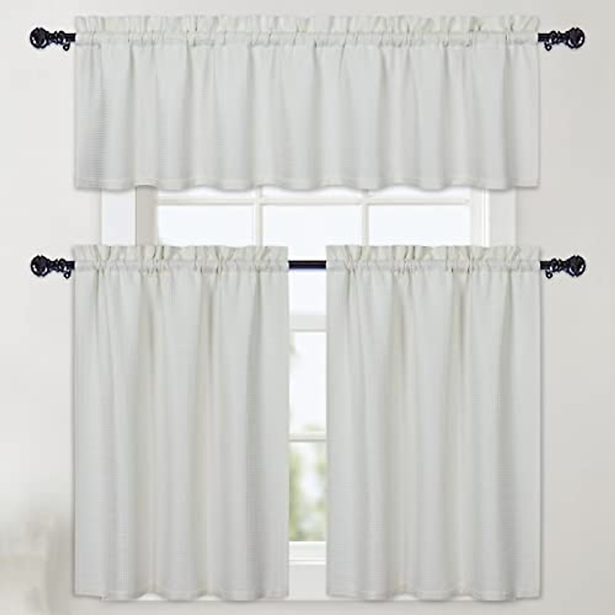GlowSol Bathroom Curtains Waterproof Waffle Weave Fabric Kitchen Tier Curtains with Rod Pocket Small Cafe Curtains for Half Window, Cream, 30W×30L, Set of 2