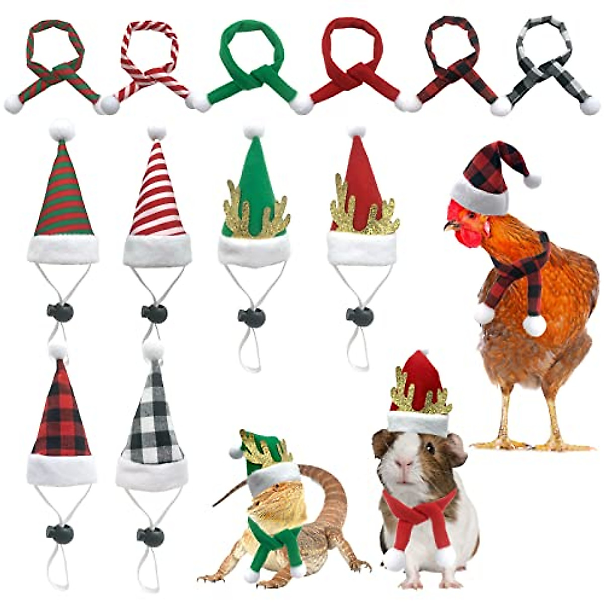 ShuRung 12Pcs Christmas Pet Chicken Hat Scarf Small Animal Xmas Santa Mini Chick Guinea Pig Bunny Hats with Adjustable Chin Strap for Duck Hamster Chinchilla Pets, Green,Black