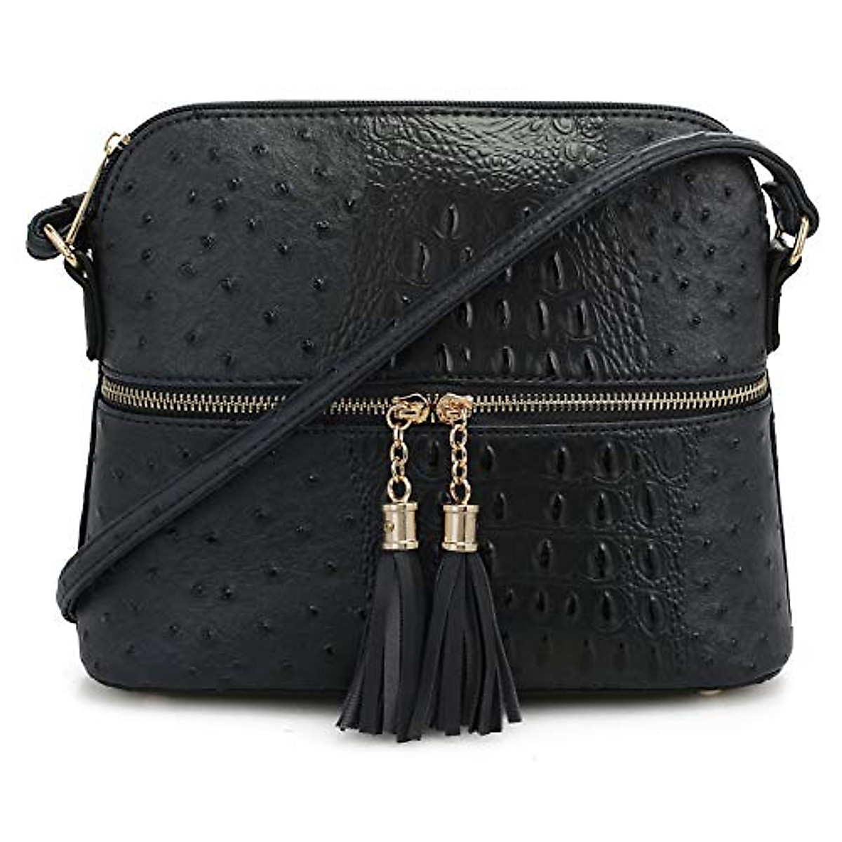 SG SUGU Crocodile Pattern Lightweight Medium Dome Crossbody Bag Shoulder Bag with Tassel | Black