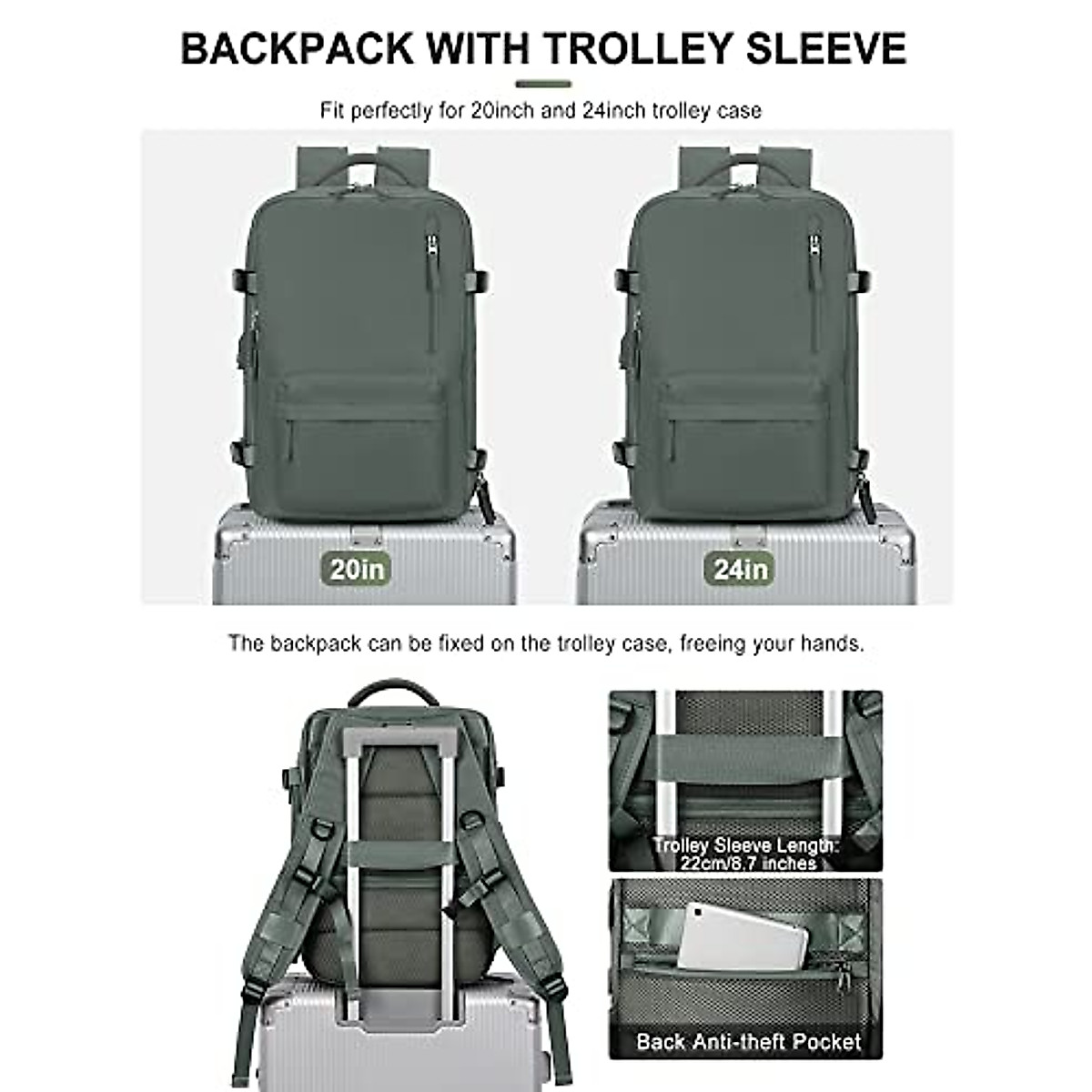 VGCUB Carry on Backpack,Large Travel Backpack for Women Men Airline Approved Gym Backpack Waterproof Business Laptop Daypack,Olive Green