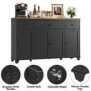 HIFIT 55" Large Kitchen Buffet Cabinet with Storage Drawers, Farmhouse Sideboard Buffet Table Storage Cabinet with Doors and Shelves, Wood Coffee Bar Cabinet for Kitchen Dining Living Room, Black