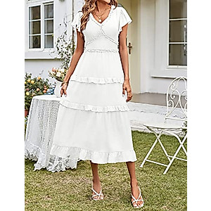 MEROKEETY Womens Summer Casual V Neck Ruffle Sleeve High Waist Smocked Flowy Midi Dress, White, M