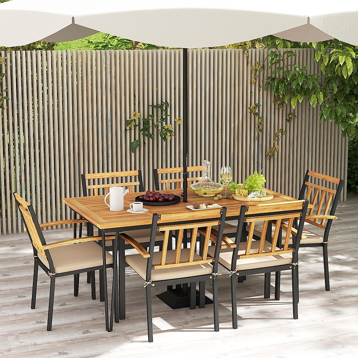 Tangkula 7 Pieces Patio Dining Set with Acacia Wood Dining Table & Armchairs, Soft Cushions, 2” Umbrella Hole, Outdoor Dining Furniture Set for Porch, Backyard, Garden, Poolside