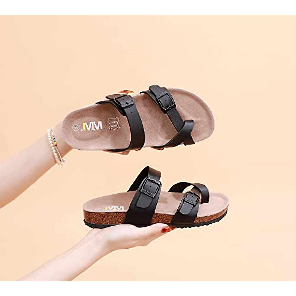 WTW Women Leather Sandals Arizona Slide Shoes (US 9, Black)