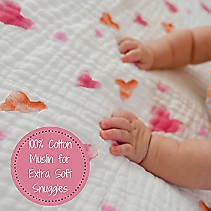LollyBanks Muslin Baby Quilt 100% Cotton, 6 Layers Soft Baby Blankets for Girls, Large 47 x 47 Inches Baby Receiving Blankets, Durable Baby Bedding, Newborn Essentials, Registry (Heart Print)