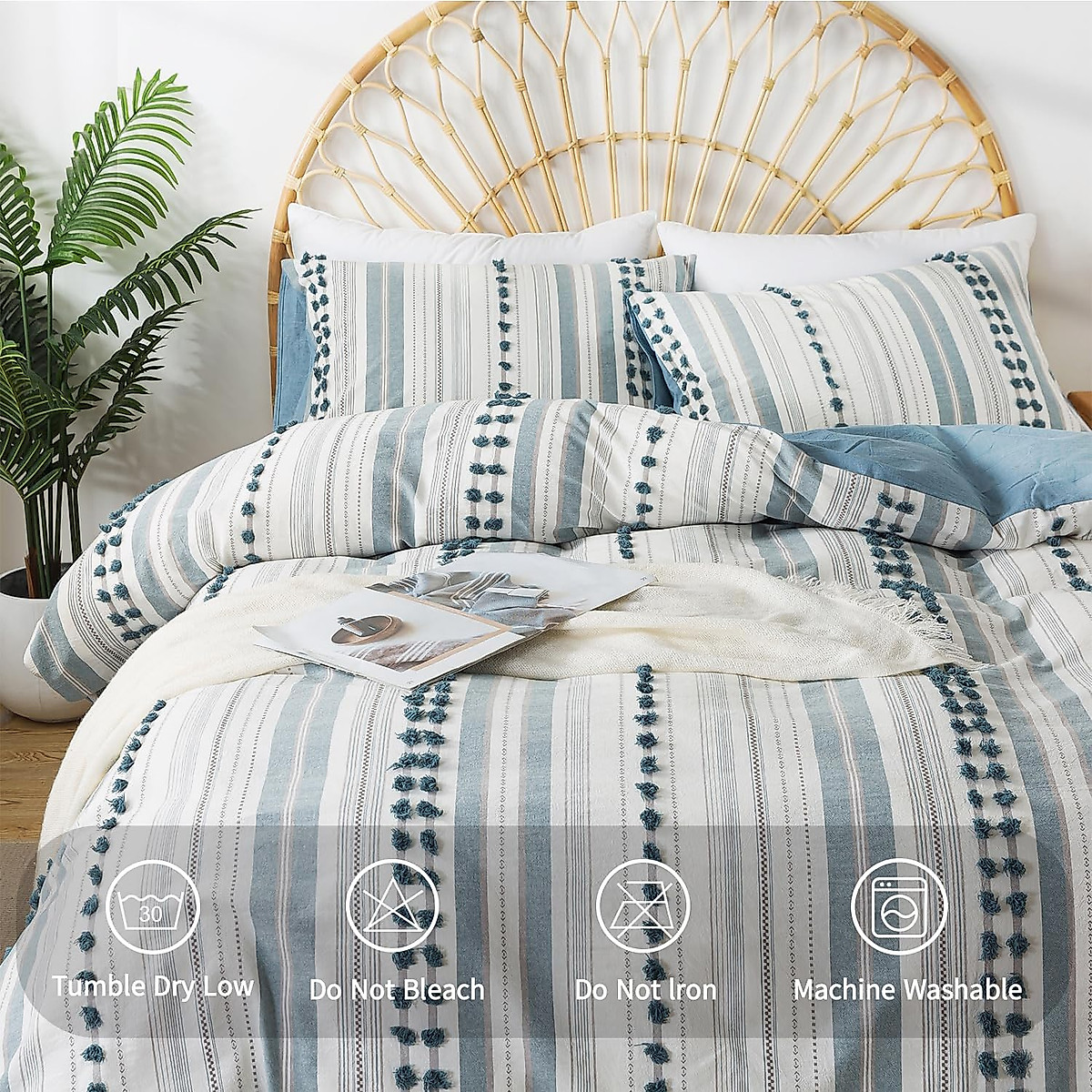 La Sheer Washed Cotton King Size Duvet Cover Set - Tufted Dots Boho Chic Bedding for All Seasons, Striped Pom Pom Bedding Linen Like Textured Breathable Durable Soft Comfy (Blue, 104x90'')