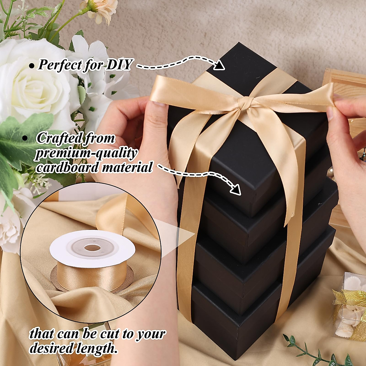 Shindel 4PCS Black Gift Boxes, Nesting Gift Boxes with Lids, Stackable Gift Boxes Square Gift Boxes, 4 Assorted Gift Boxes Different Sizes With Ribbon For Birthday Christmas Halloween