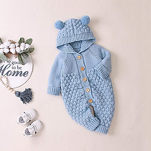 Toddler Baby Boy Girls Cartoon Bear Winter Hooded Jumpsuit Cotton Knitted Sweater Romper Long Sleeve Breasted Bodysuit Knitwear Hoodie Warm Button Coat Overalls Birthday Outfit Light Blue 0-6 Months