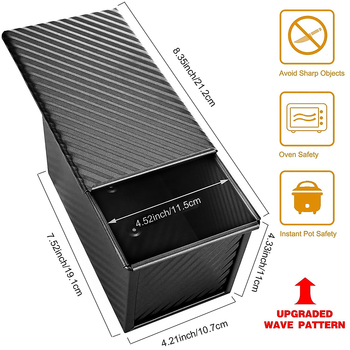 Black Pullman Loaf Pan with Lid, 1 lb Dough Capacity, Nonstick Bread Toast Mold with Cover, Carbon Steel Corrugated Bread Mould Bakeware