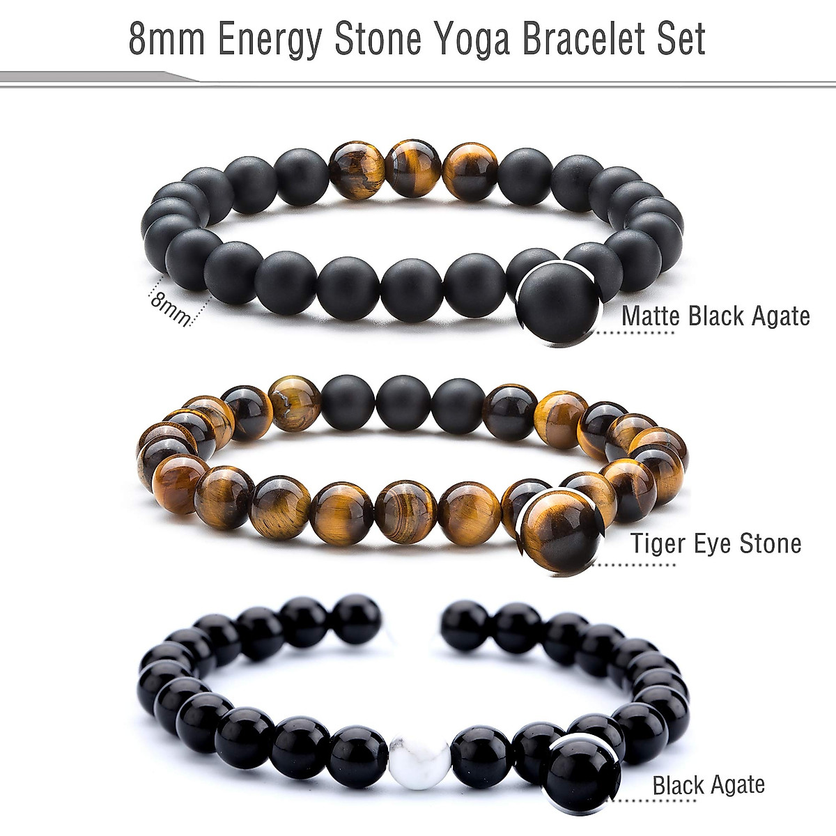 Hamoery Men Women 8mm Tiger Eye Stone Beads Bracelet Elastic Natural Stone Yoga Bracelet Bangle (Set2)