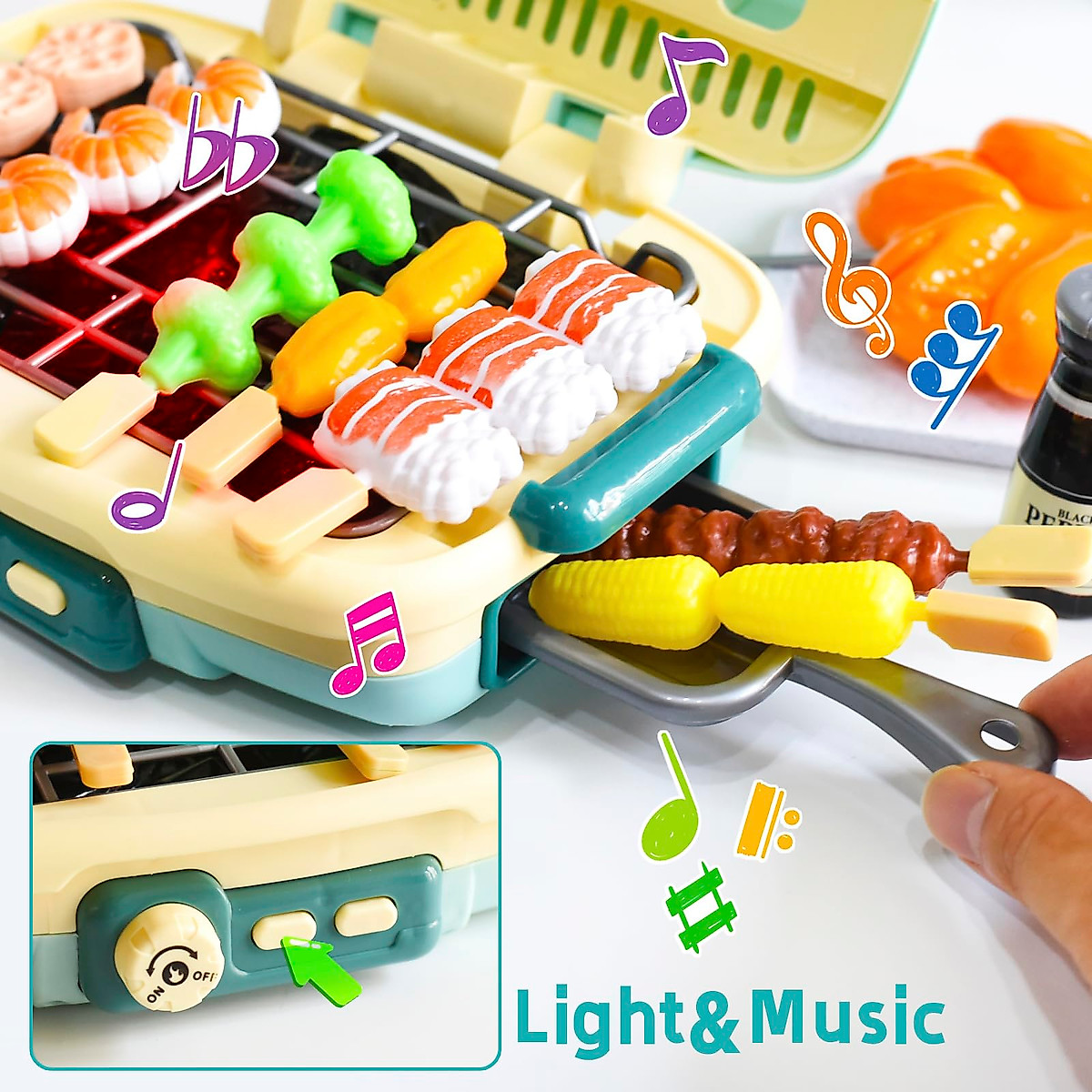 ChuburD Play Food Kids Kitchen Playset, Play Kitchen Toy Grill, Kids bbq Grill Playset, Pretend Play Cooking with Smoke, Sound and Light, for Toddlers for Kids 3 and up