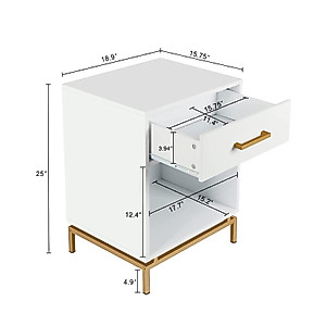 Anmytek White Nightstand, Modern Night Stand with Drawer and Shelf, Wood Bedside Table with Metal Legs, End Side Table for Bedroom, Dorm, Small Spaces, 25" Tall