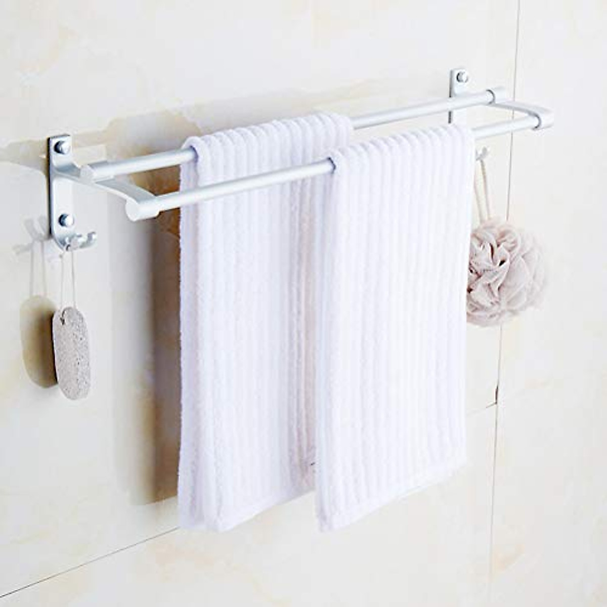 Yardwe Towel Bar Double Towel Hanger Holder Wall Mounted Metal Bath Towel Rack Organization for Bathroom (Silver) 38cm