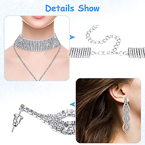 Fumete 4 Pcs Rhinestone Jewelry Set Bling Diamond Choker Necklace Bracelet Ring Earrings Set for Women Party Costume Jewelry