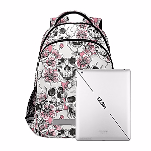 MNSRUU School Backpack with Chest Strap, Halloween Skull Flowers And Pink Cherries Laptop Backpack, Travel Hiking Backpack for Boys Girls, Rucksack, Knapsack