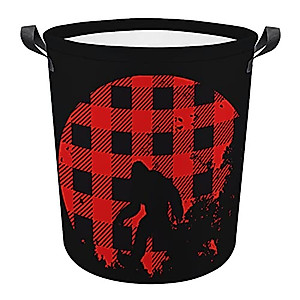 Bigfoot Buffalo Plaid Full Moon Foldable Laundry Basket Waterproof Hamper Storage Bin Bag with Handle 16.5"x 16.5"x 17"
