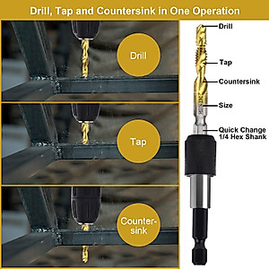 Valkynos Drill Tap Set with Quick-Change Adapter of 13Pcs, 6 SAE Sizes: 6-32NC to 1/4-20NC, 6 Metric Sizes: M3 to M10, Titanium Combination Drill & Tap Bit Set for Drilling Threads, Tapping