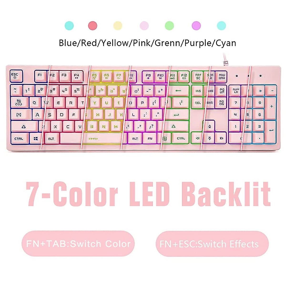 VINMEN Pink Gaming Keyboard with 7 Color LED Backlit Wired USB 104 Keys Keyboard Waterproof Fresh Style Computer Game Keyboard for PC Mac Laptop
