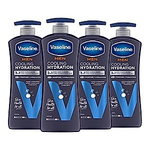 Vaseline Men Cooling Hydration 3-in-1 Face, Hands & Body Lotion for Men for Dry Skin with Menthol & Ultra-Hydrating Lipids 20.3 oz, Pack of 4