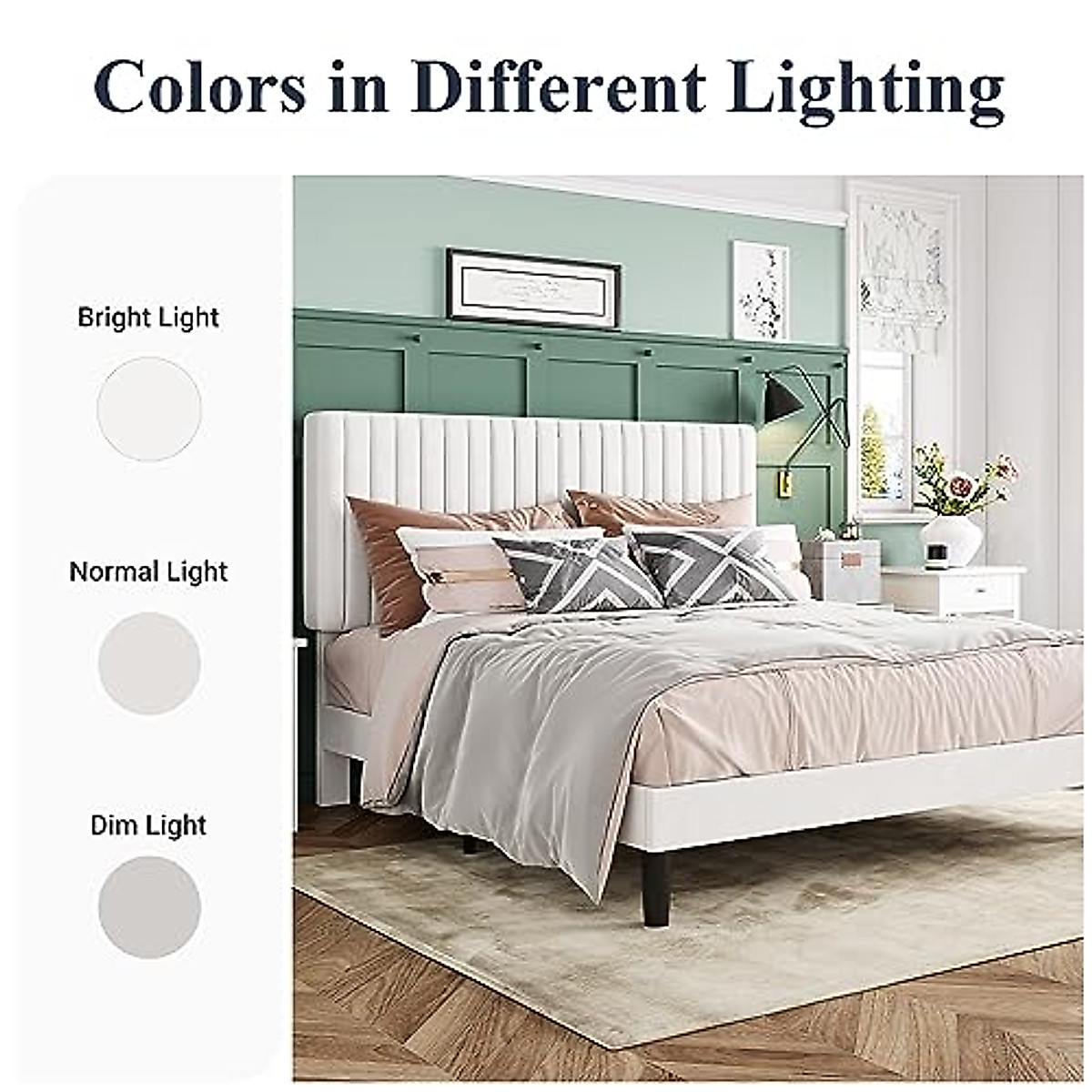 Allewie Full Bed Frame, Velvet Upholstered Platform Bed with Adjustable Vertical Channel Tufted Headboard, Mattress Foundation with Strong Wooden Slats, Box Spring Optional, Easy Assembly, Off-White