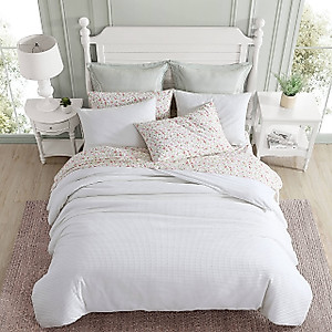 Laura Ashley- Queen Duvet Cover Set, Reversible Cotton Bedding Set with Matching Shams, Farmhouse Home Décor (Waffle Pique White, Queen)