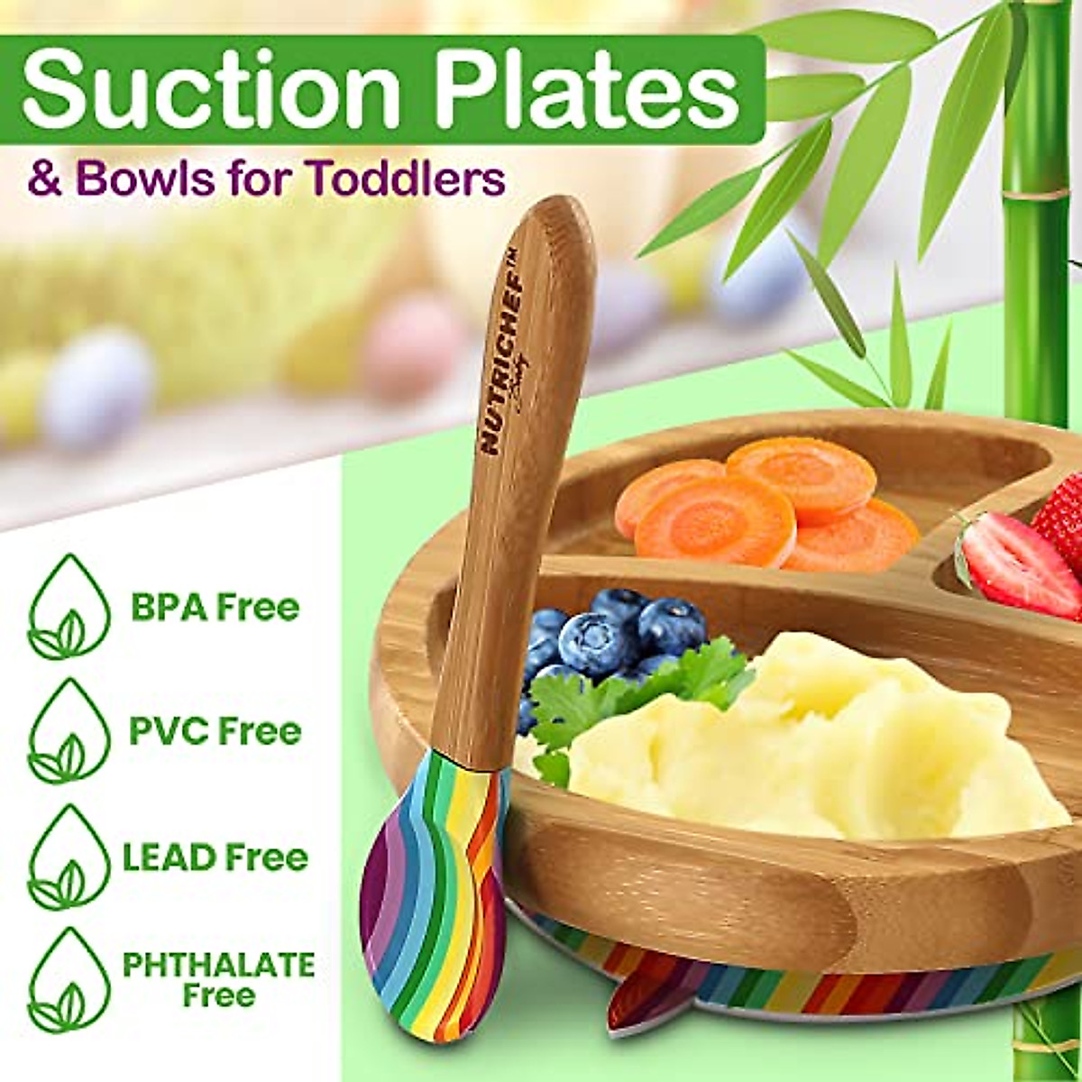 Nutrichef Baby and Toddler, 3 Compartment Plate, Bowl, Cup and Spoon Feeding Set- Silicon Suction, Non-toxic All Natural Bamboo Baby Food Plate (Stripe Set)