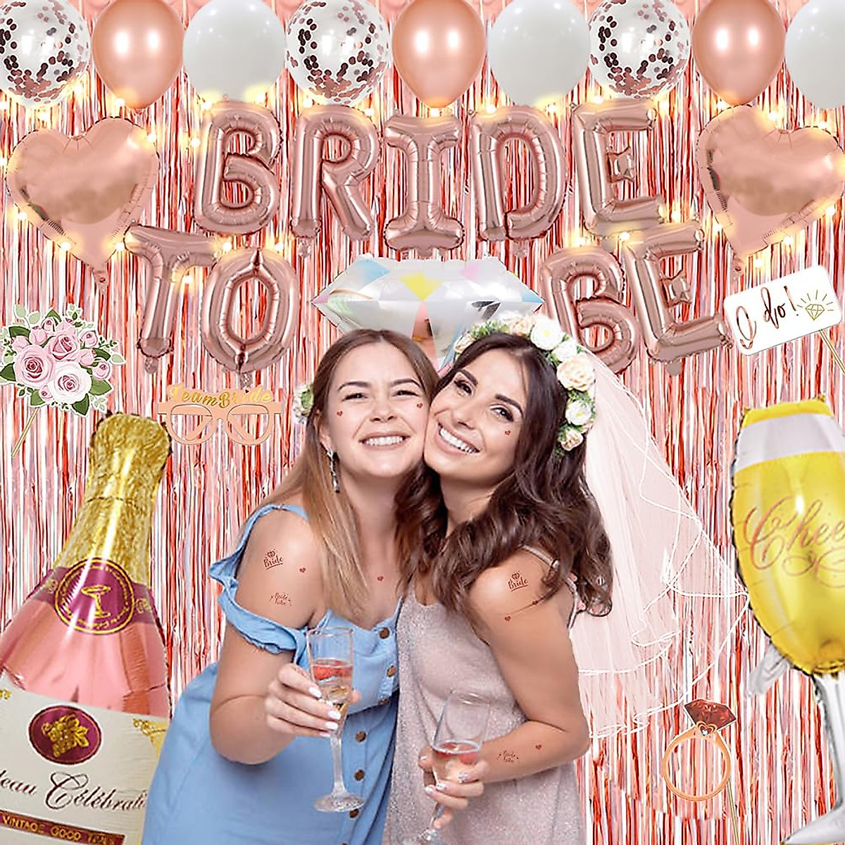 MSMANCY Bachelorette Party Decoration,Rose Gold Bride to be Party Supplies Kit includes Veil, Balloons, Sash, Photo Prop for Bridal Shower Wedding Supplies