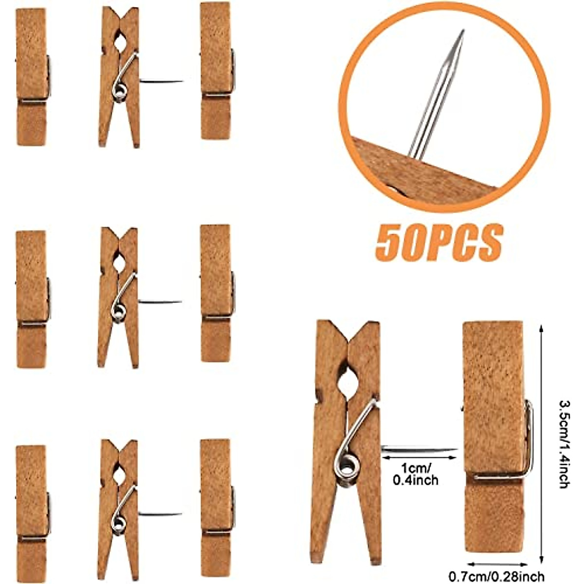 50 PCS Push Pin with Wooden Clips, Durable Wooden Push Pins, Decorative Pushpins Tacks Thumbtacks, Tacks for Cork Board Artworks Notes Photos, Craft Projects, Offices and Homes