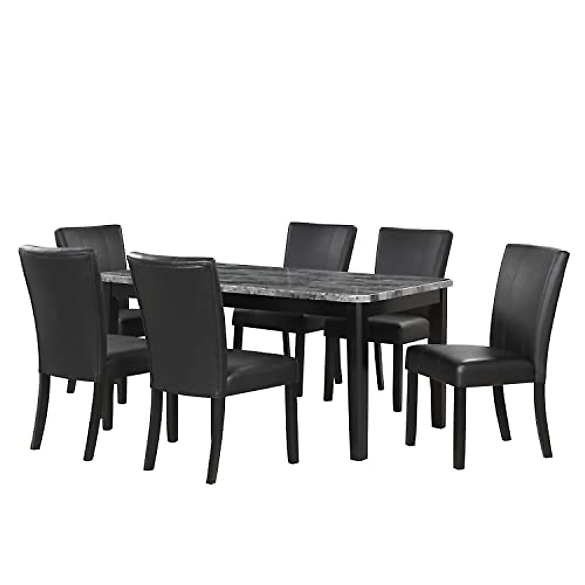 DHHU Furniture, 7-Piece Dining 1 Faux Marble Top Upholstered-Seats, Kitchen Table Set for 6, Black