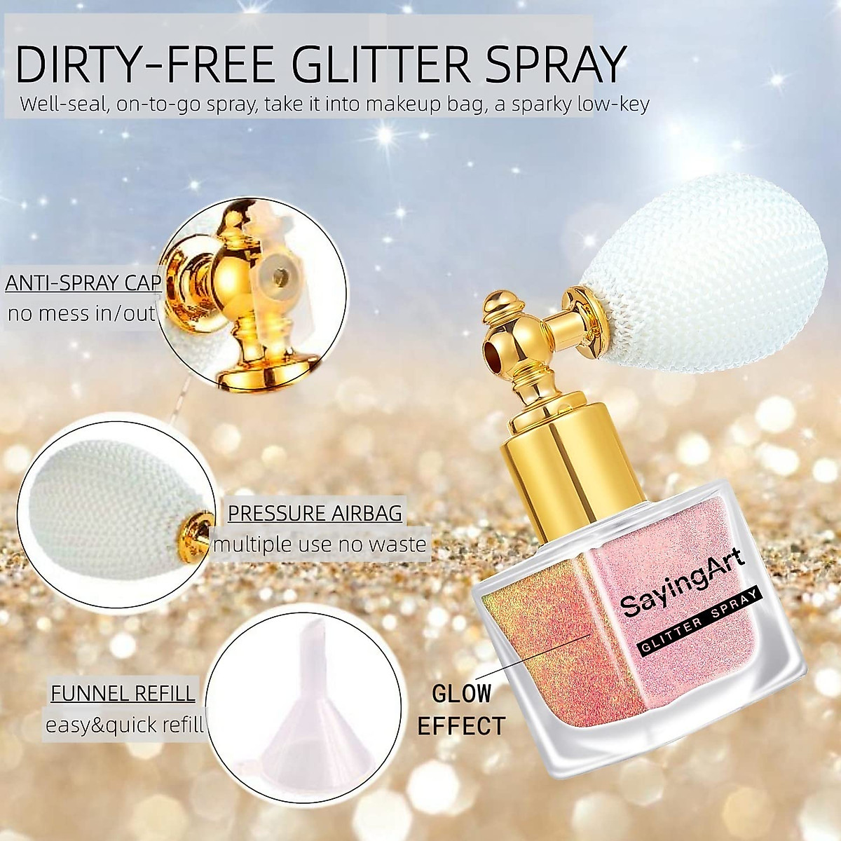 Pink Glow Sparkle Glitter Spray for Body Hair Skin Cloth Women, SayingArt Body Glitter Spray, 2 Hairspray Fine Cosmetic Shimmer Makeup Glitter for Rave Hair Body Face Clothes Nail Art Craft Design