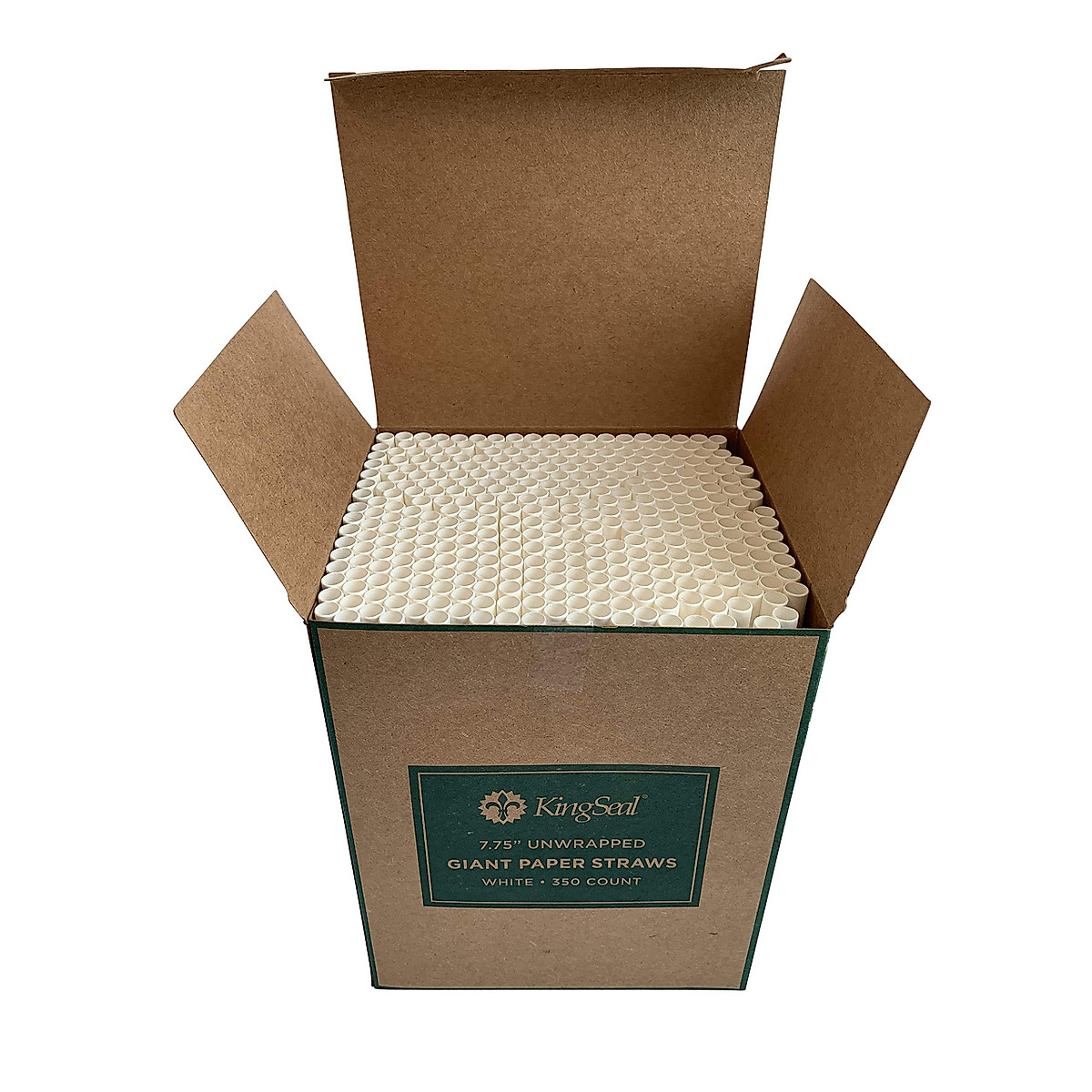Kingseal Disposable Paper Drinking Straws, Unwrapped, WHITE, 7.75 Inch Length x 8mm Diameter, Giant" Size, White, Biodegradable, Earth Friendly, Bulk Pack - 1 Box of 350 Straws