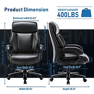 Big and Tall Office Chair 400lbs-Heavy Duty Executive Desk Chair with Extra Wide Seat, High Back Ergonomic Leather Computer Chair with Tilt Rock&Tension, Padded Armrests-Diamond Black
