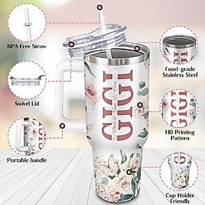 qoepfnsh Gifts for Gigi Grandmother Gift from Grandson Granddaughter on Birthday Mothers Day&Christmas 40 oz Tumblers with Handle and Straw Stainless Steel Insulated Travel Coffee Cup Mug