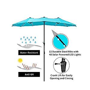 15Ft Lighted Patio Umbrella Extra Large Double Sided Market Table Umbrella with Lights & Crank Blue