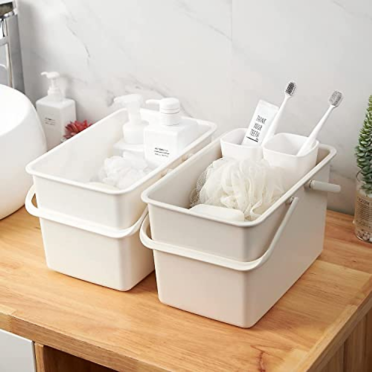 ALINK Plastic Shower Caddy Basket with Handle, Portable Storage Organizer for College Dorm, Bathroom, Kitchen - Abricot