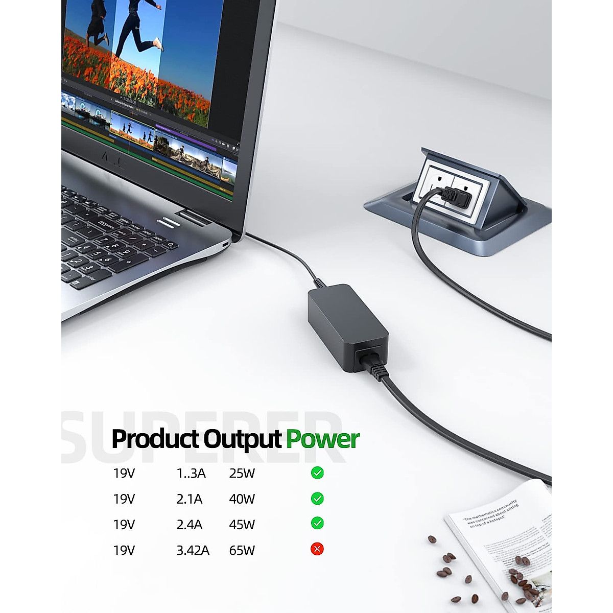 19V Power Cord Fit for LG-Monitors 22TN410V 24MS500/MS550/TL510V/TL520U/TL520V/TL510U 25MS550/MS550-B 27GL650F-B/GL63T-B/GS75QX/GS75Q-B 28TK420S/TL520V/TL510V/TN525V/TN515V Supply Adapter AC Charger