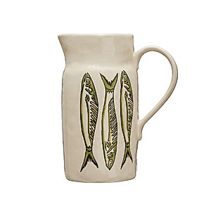 Creative Co-Op Coastal Stoneware Pitcher with Painted Fish, Multicolor