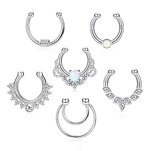 Drperfect 6Pcs Opal Fake Septum Ring for Women CZ Nose Ring Non-Pierced Clip On Nose Hoop Jewelry