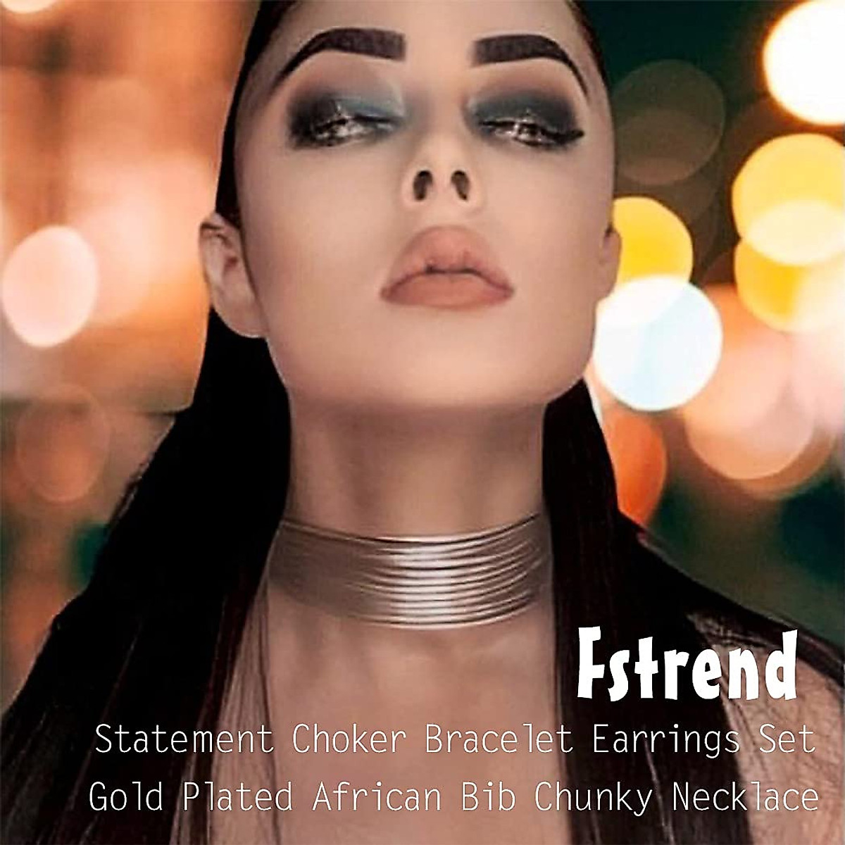 Fstrend Statement Choker Bracelet Earrings Set Gold Plated African Bib Chunky Necklace Costume Party Jewelry Accessories for Women (Silver)