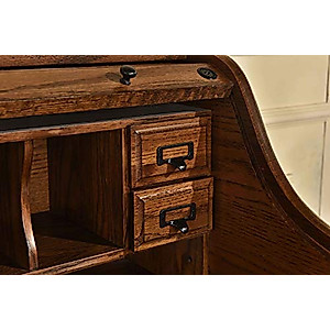 Mini Roll Top Desk Solid Oak Wood 32x 24x 44 Small Writing or Laptop Desk Burnished Walnut Finish Small Desk For Home Office, Kitchen, Bedroom, Living Room, Den Great Bill Paying Desk