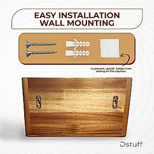 Dstuff Large Kitchen Utensil Holder Organizer for Counter or Countertop, Large Wooden Utensil Holder for Storage Cooking and Silverware with 3 Compartment, Acacia Rustic Wood Container Extra Large