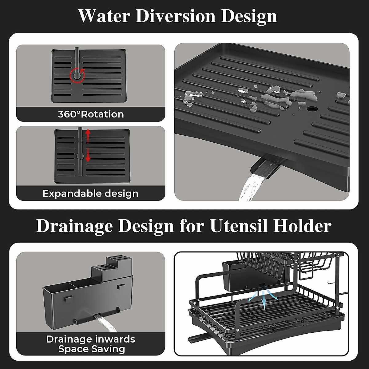 Famhap Dish Drying Rack, Large 2 Tier Dish Racks for Kitchen Counter, Durable Stainless Steel Kitchen Drying Rack with a Cutlery Holder, Drying Rack for Dishes, Knives, Spoons, and Forks