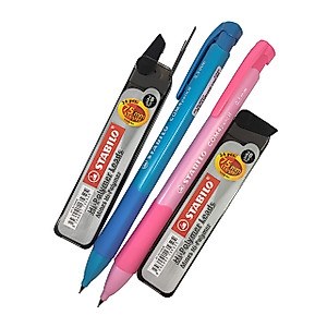 Stabilo 0.5mm Com4 Mechanical Pencil Set Triangular Anti-Slip Grip Design (2 Packs - 1 Blue and 1 Pink) + Stabilo 0.5mm 2B Hi-Polymer Lead Refills (2 Tubes - 24 Leads each Tube)
