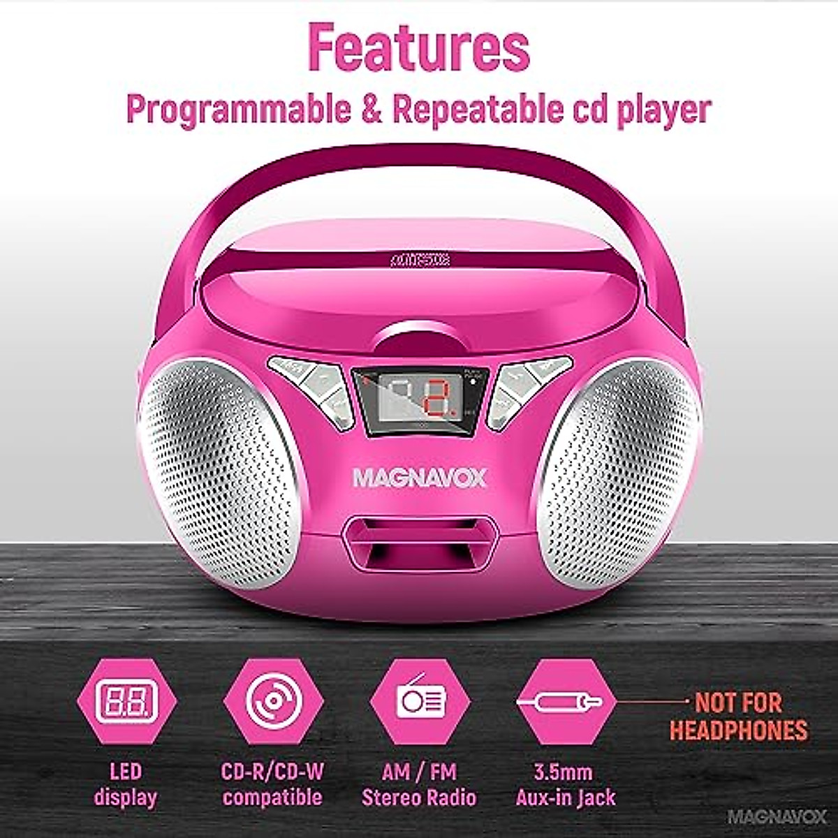 Magnavox MD6924 Portable Top Loading CD Boombox with AM/FM Stereo Radio in Black | CD-R/CD-RW Compatible | LED Display | AUX Port Supported | Programmable CD Player | (Pink)
